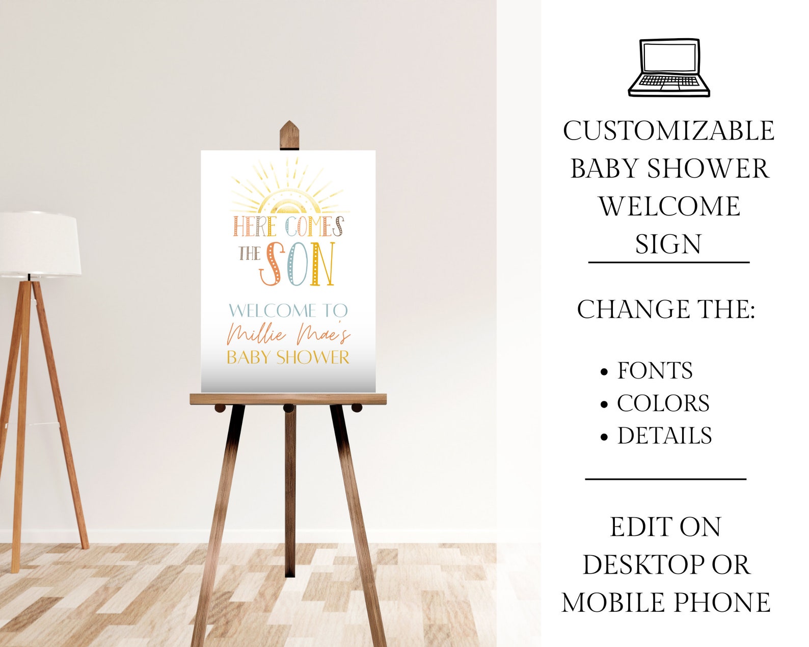 Here Comes the Son Welcome Sign, Template Sunshine Baby Shower Sign ...