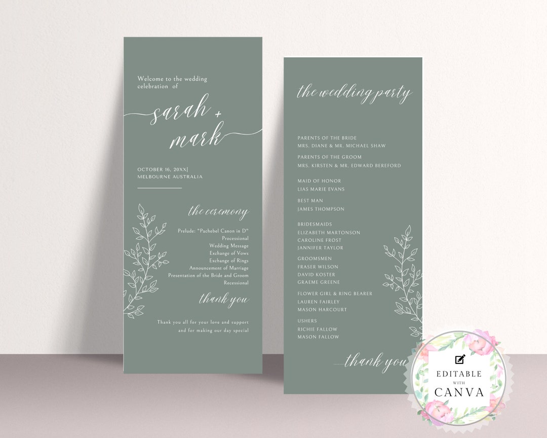 Sage Green Wedding Program, Instant Download , Wedding Ceremony Program ...