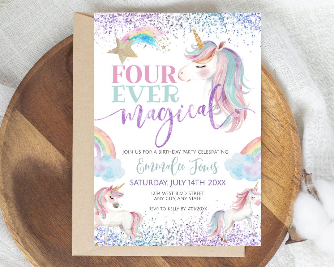 Unicorn Birthday Invitation Four Ever, Unicorn Birthday Invitation 4 ...