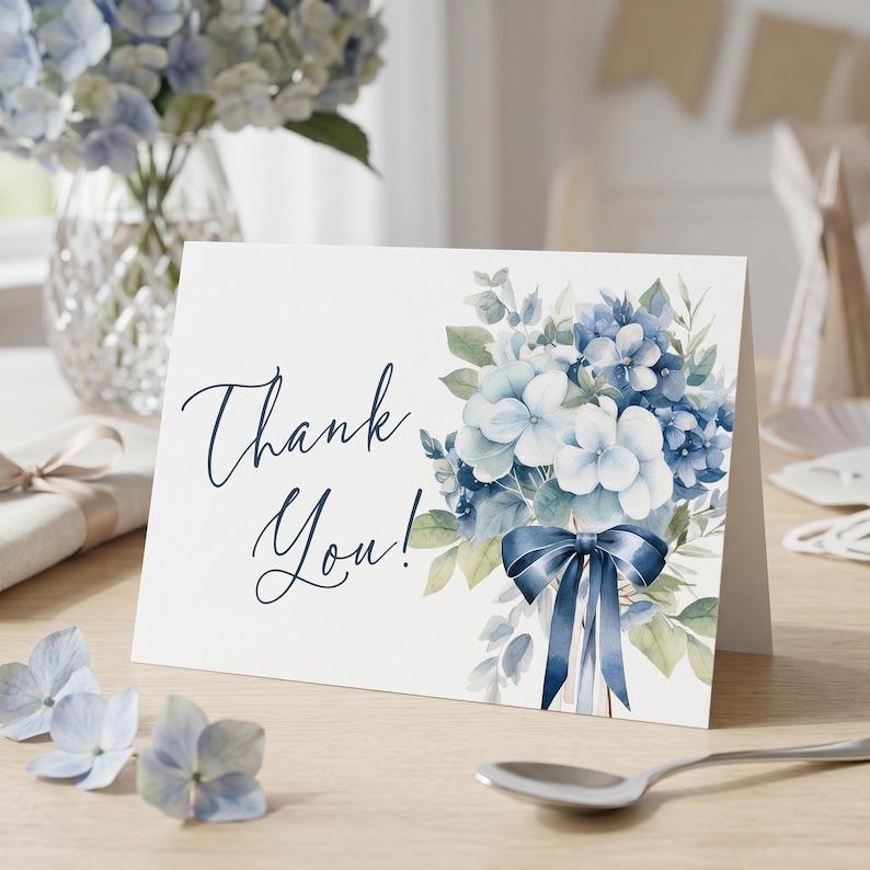 Blue Hydrangea Folded Thank You Card, Printable Bridal Shower, Editable ...