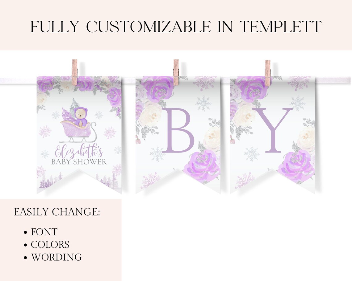 Baby Shower Banner, We Can Bearly Wait, Purple, Christmas Winter Baby ...