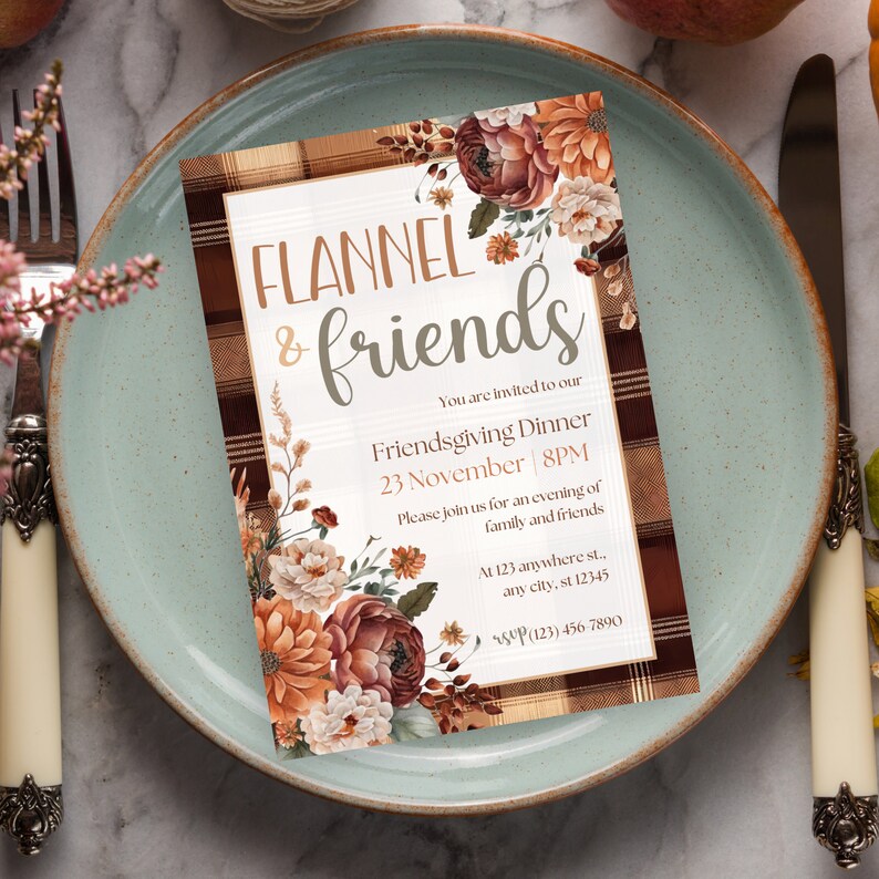 Friendsgiving Invitation Flannel & Friends, Friends Casual Thanksgiving ...