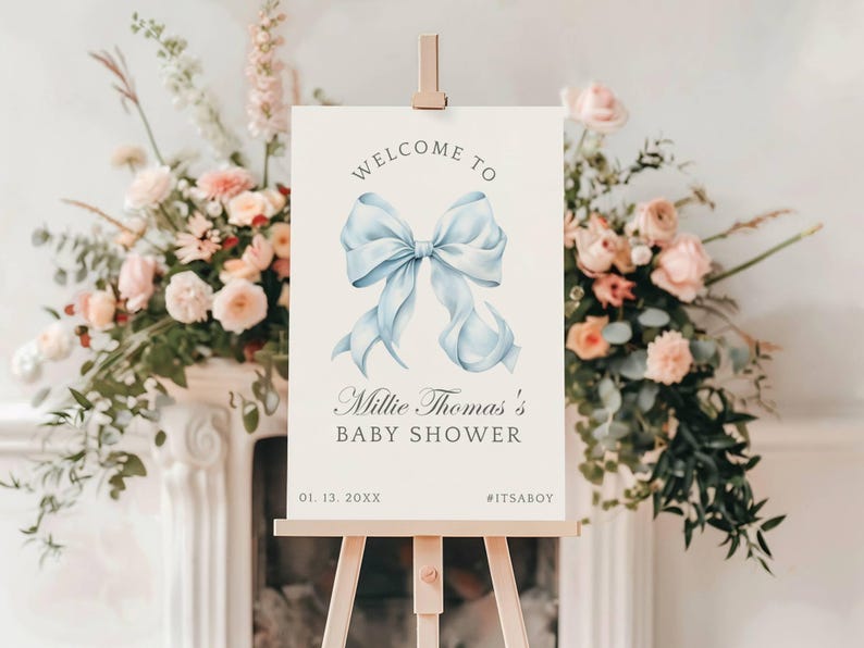 Blue Bow Baby Shower Welcome Sign Coquette Bow Welcome Sign Template ...