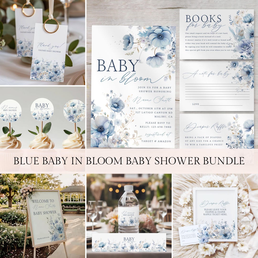 Blue Baby in Bloom Baby Shower Bundle Template , Blue Floral Baby ...