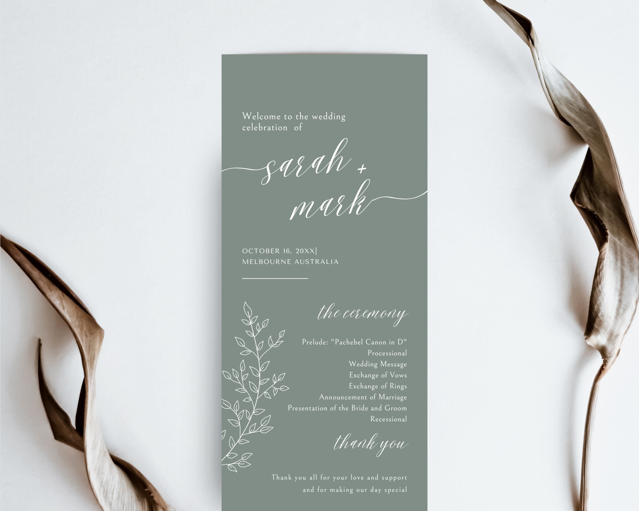 Sage Green Wedding Program, Instant Download , Wedding Ceremony Program ...
