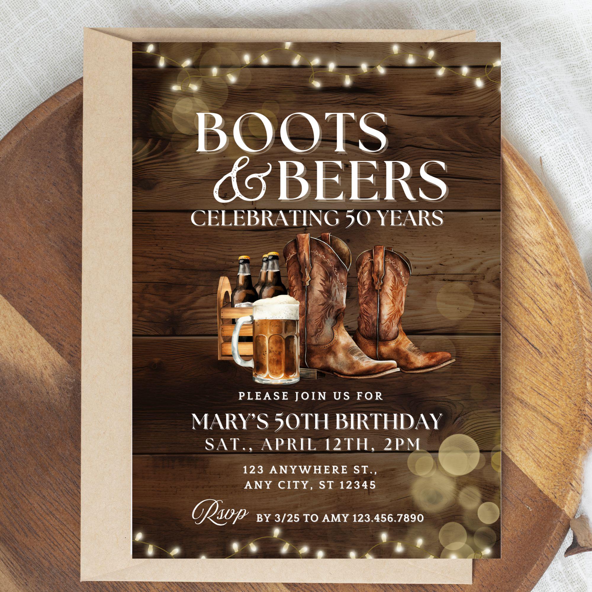 Cowboy Boots 50th Birthday Invitation - Editable Boots and Beers Design ...