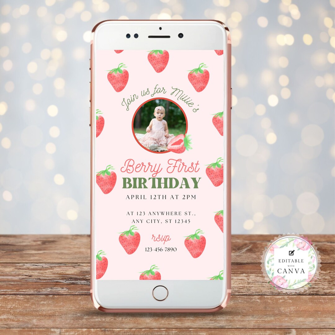 Berry First Birthday Evite With Photo | Strawberry Birthday Evite ...