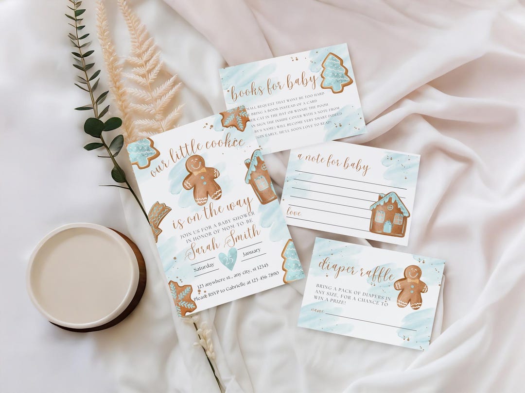 Blue Gingerbread Baby Shower Invitation Set for Boys: Editable Canva ...