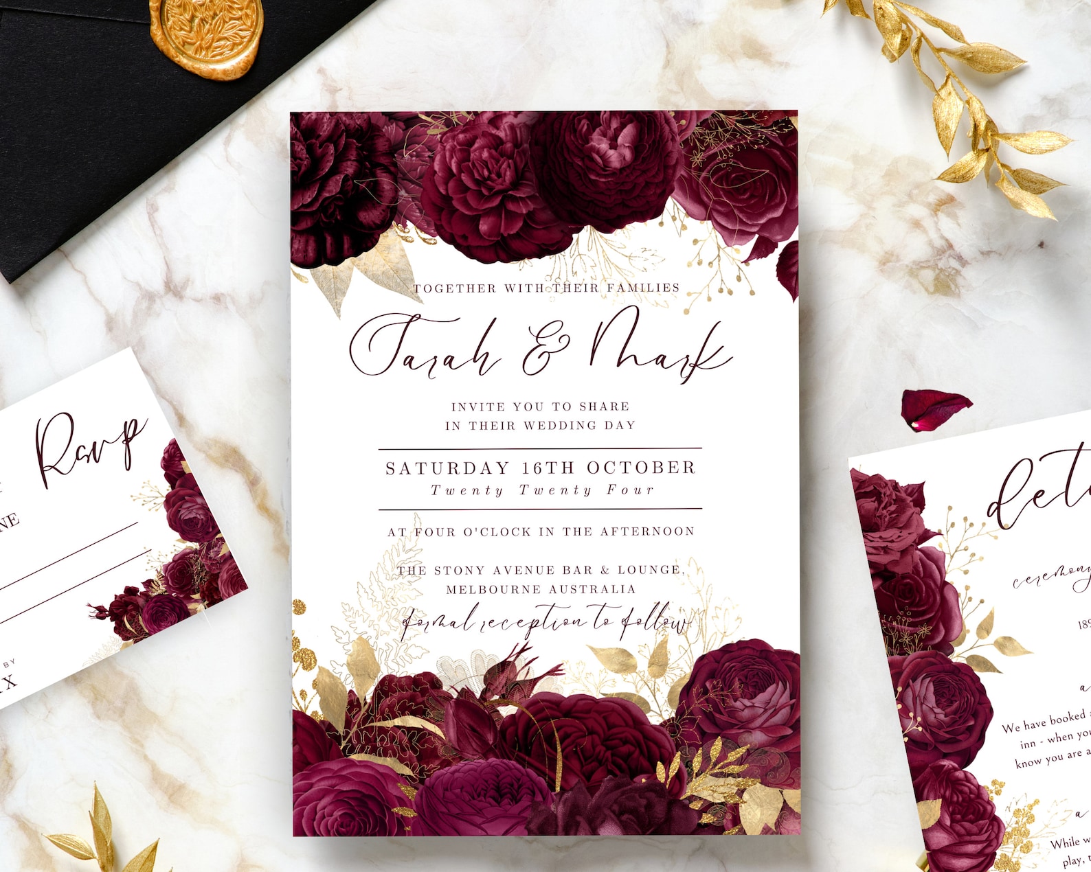 Burgundy and Gold Wedding Invitation| Invitation Suite | RSVP | Wedding ...