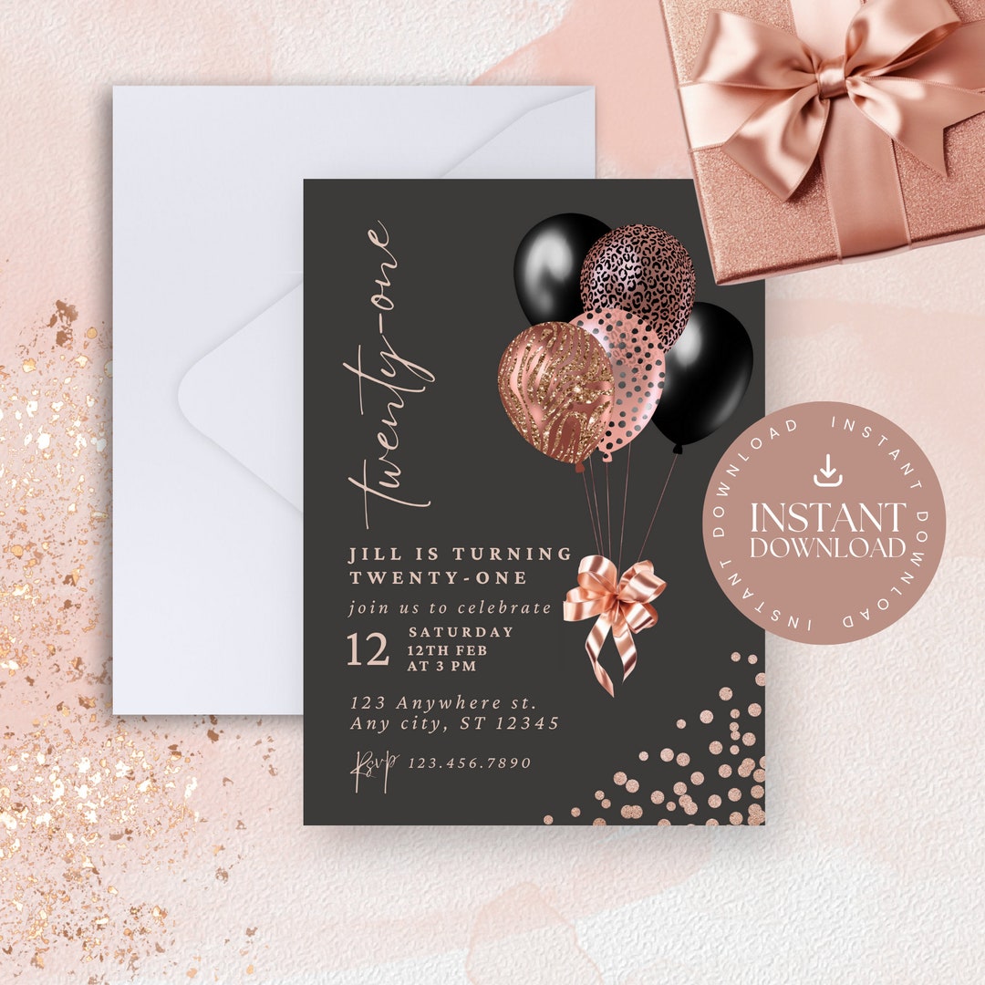 Rose Gold Cheetah 21st Birthday Party Invite Template, Editable in ...