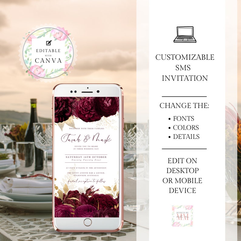 Burgundy and Gold Digital Wedding Invitation, Electronic Invite ...