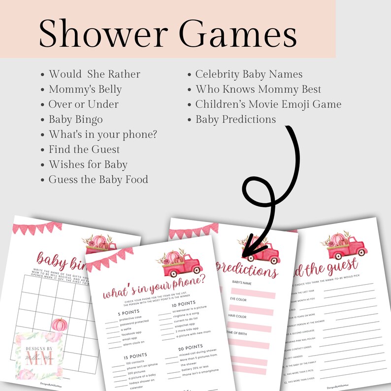 Pink Truck Baby Shower Game Bundle, Fall Girl Baby Shower Games Bundle ...