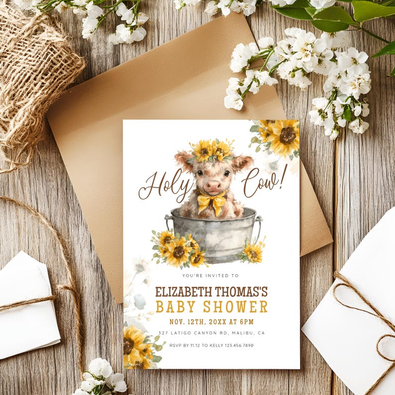 Highland Cow and Sunflower Baby Shower Invitation, Editable Digital ...