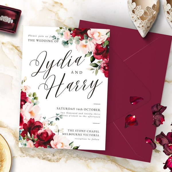 Red Floral Wedding Invitation - Etsy