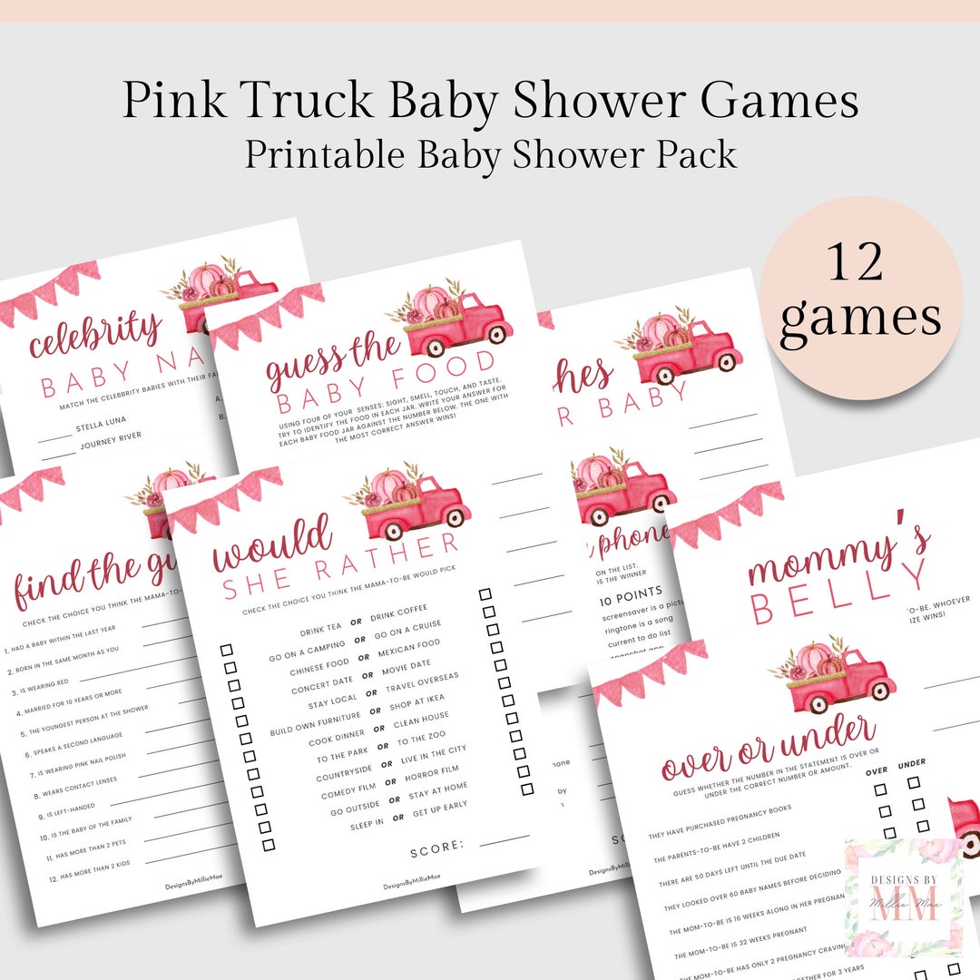 Pink Truck Baby Shower Game Bundle, Fall Girl Baby Shower Games Bundle ...