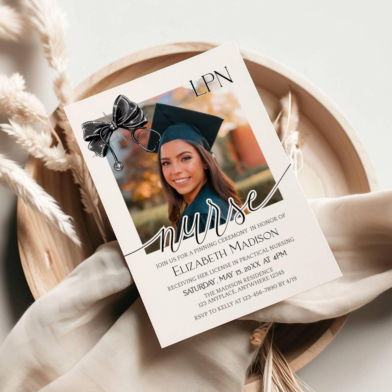 Nurse Graduation Invite Bow, Nurse Grad Party Template, Editable Invite ...