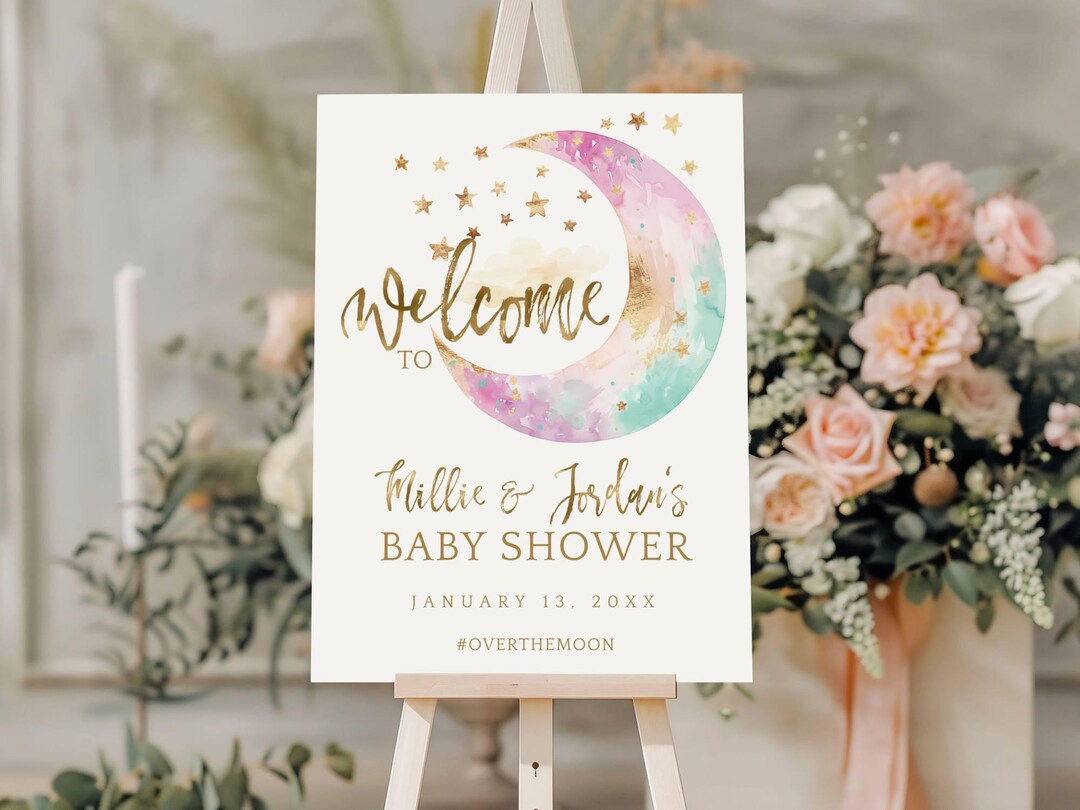 We Are Over the Moon Welcome Sign | Moon and Stars Baby Shower ...