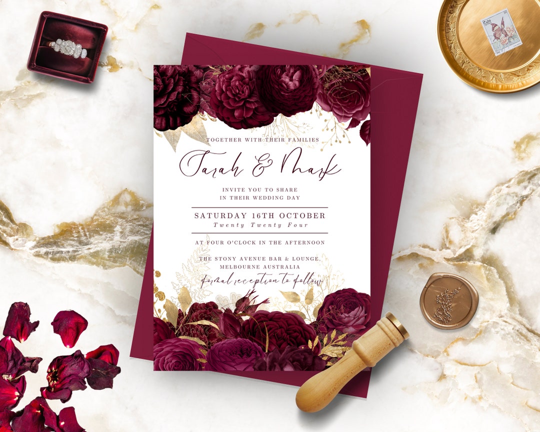 Burgundy and Gold Printable Wedding Invitation Template Burgundy Gold ...