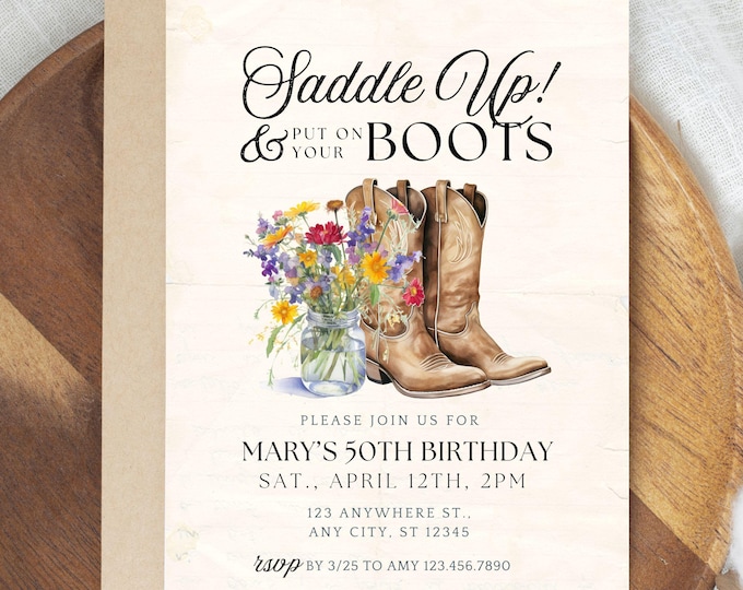 Plantilla de invitación de cumpleaños floral rústica bohemia con botas ...