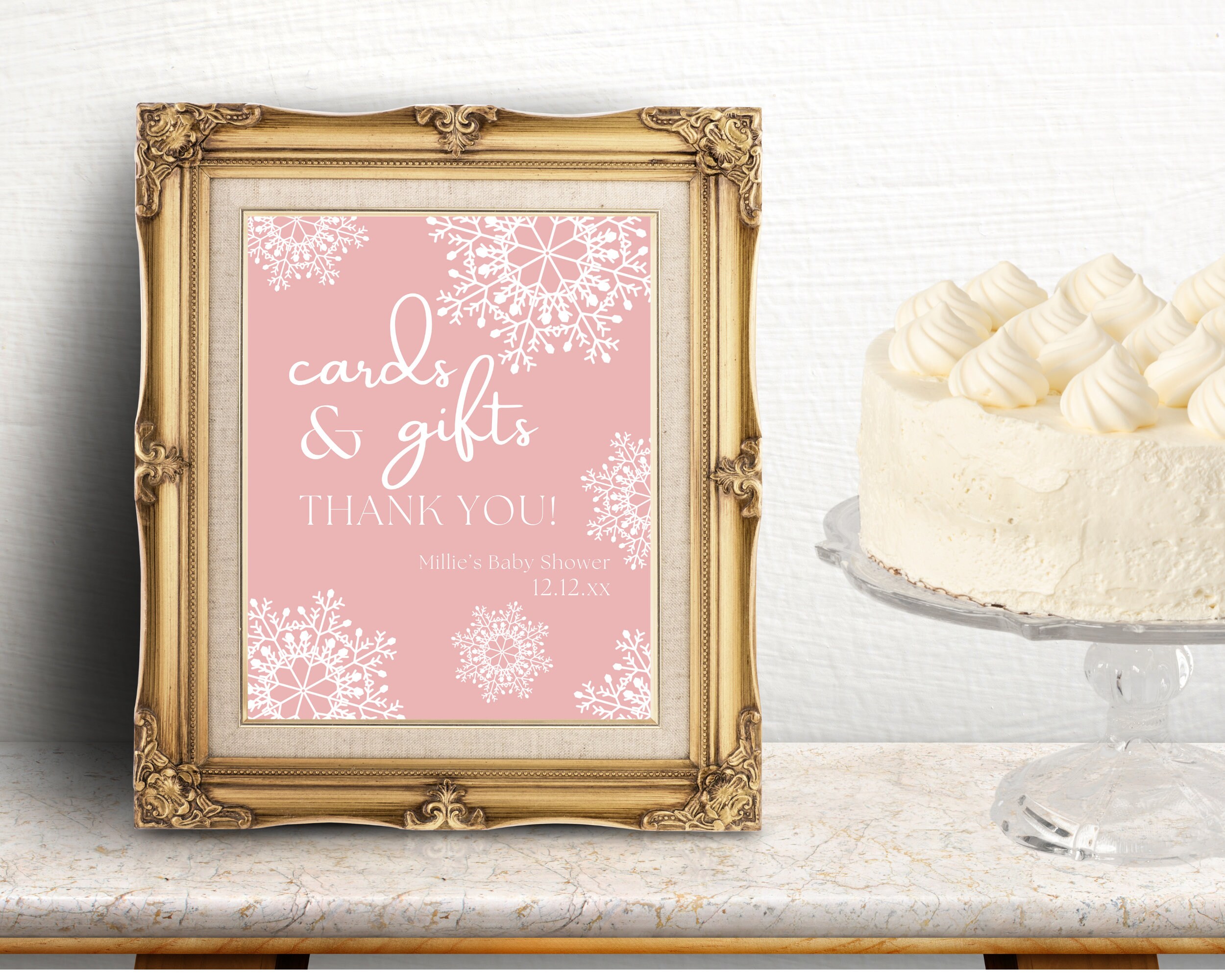 Pink Snowflake Baby Shower Table Sign, Girls, Cards and Gifts Sign ...