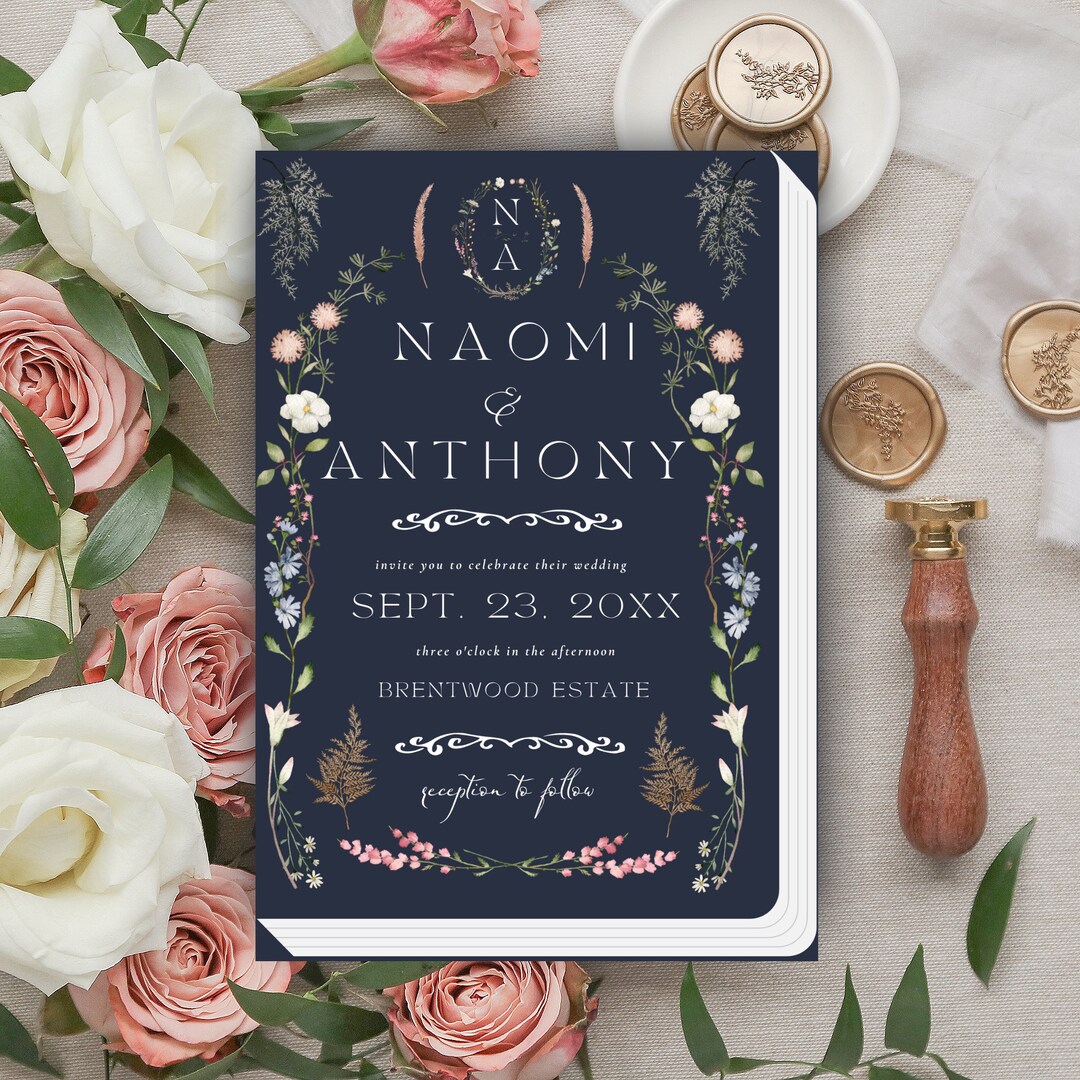 Literary Wedding Invitation, Navy Blue Wildflowers, Library Invitations ...