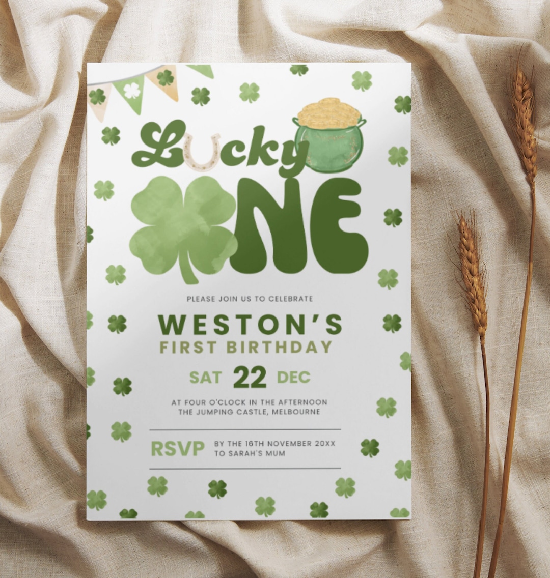 Lucky One Invitation Templates, Lucky One Birthday Invitation, Shamrock ...