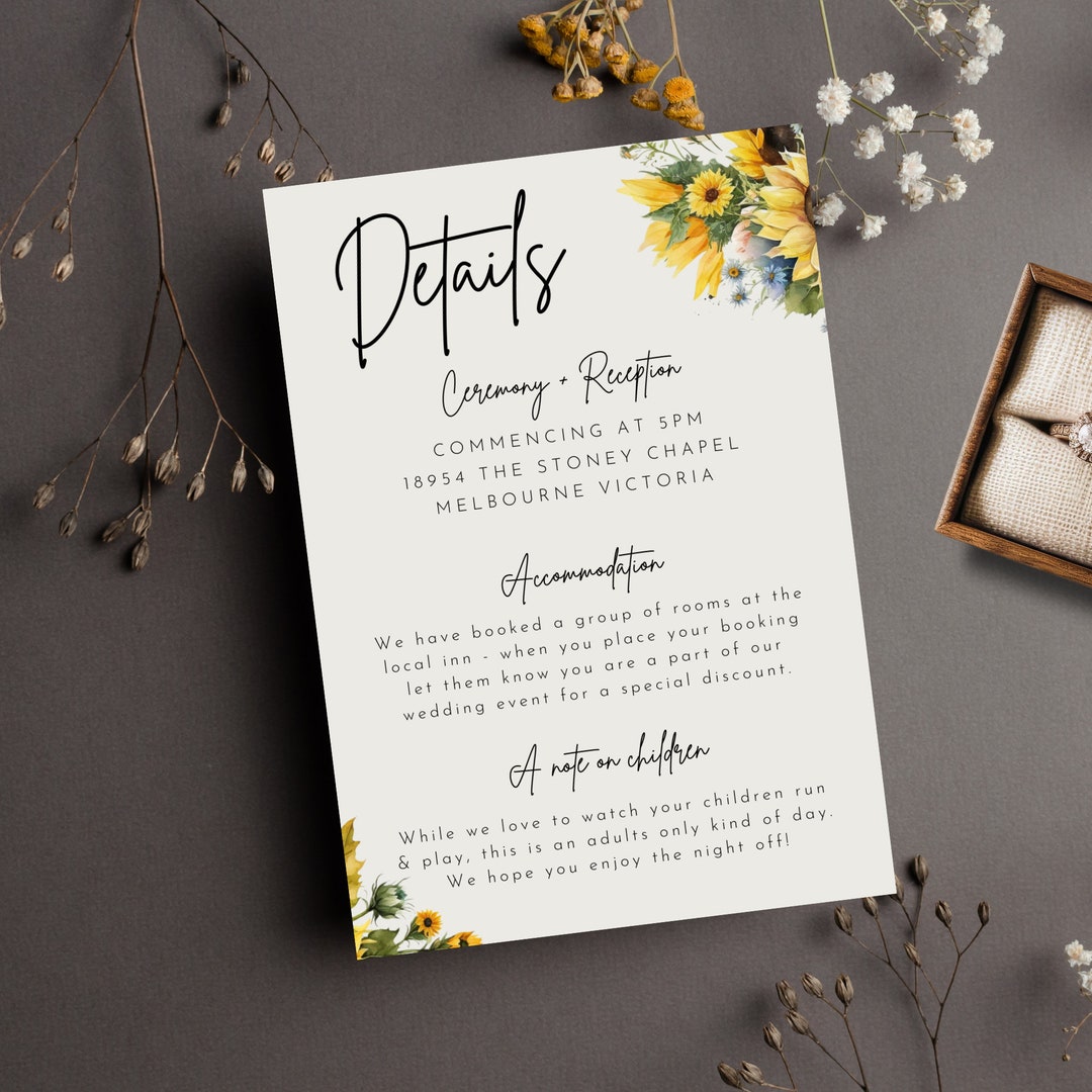 Sunflower Summer Wedding Details Card | Printable Wedding Details Card ...