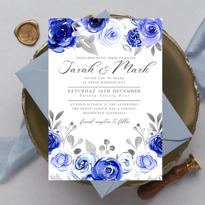 Royal Blue and Silver Wedding Invitation Template, Watercolor Rose ...
