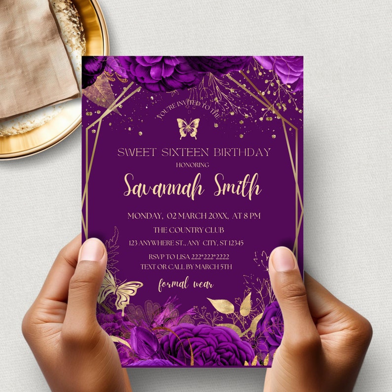 Purple and Gold Sweet 16 Invite, Moroccan Sweet Sixteen Invitation ...