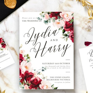 Dark Red Wedding Invitation Sets, Instant Download | Deep Red | Red ...