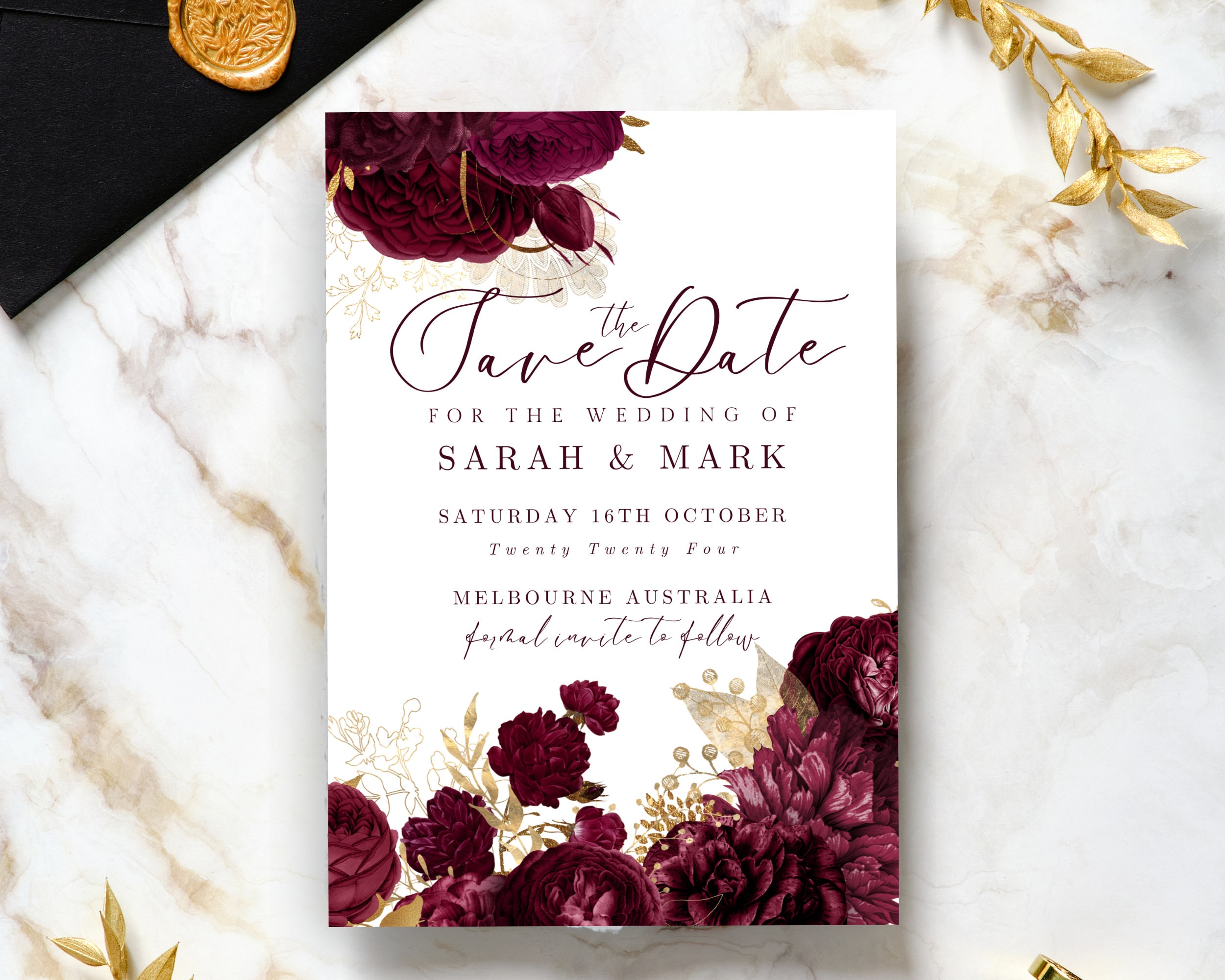 Burgundy and Gold Save the Date Save the Date Invitation Burgundy ...