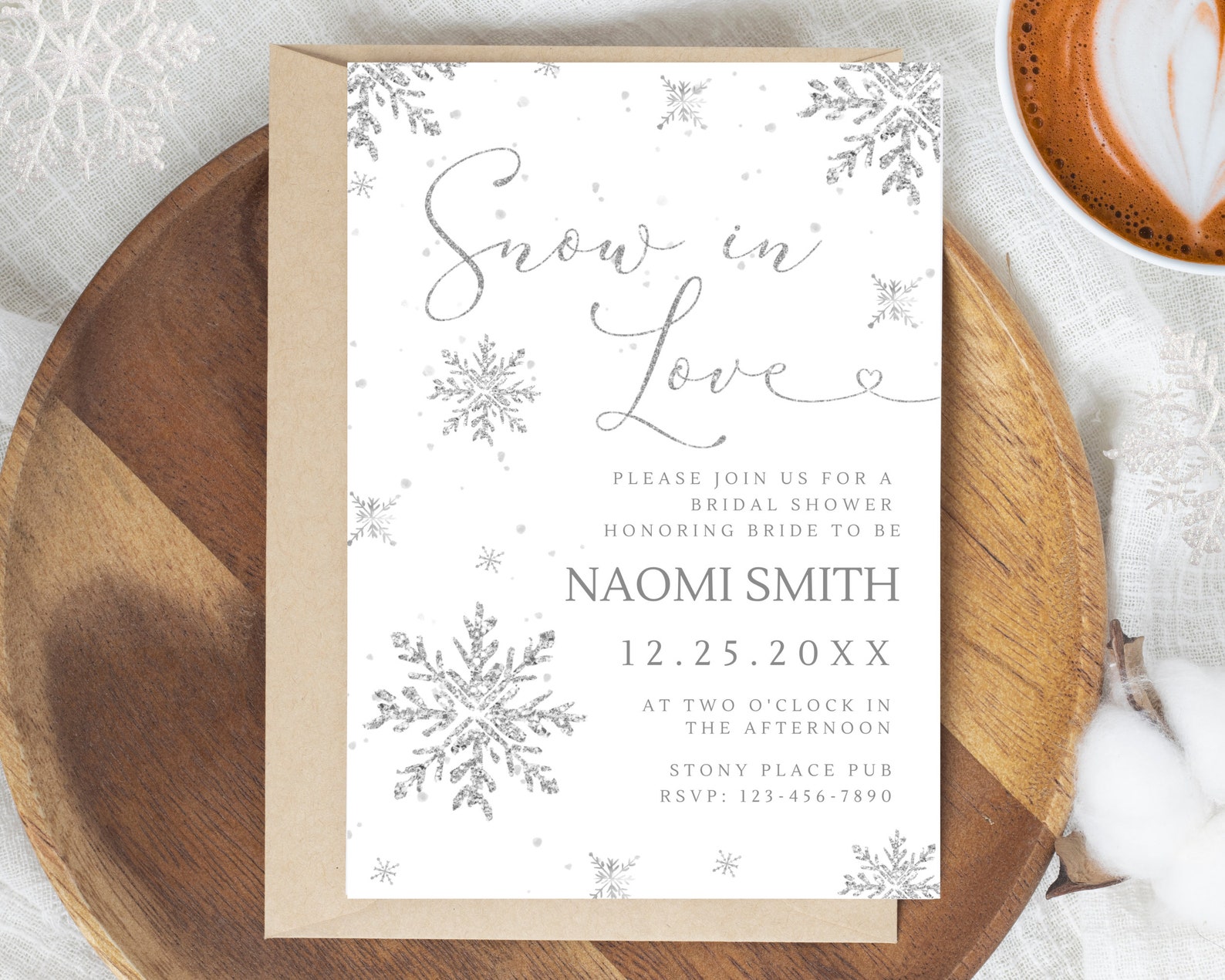 Snow in Love Bridal Shower Invitation, Silver, Christmas Bridal Shower ...