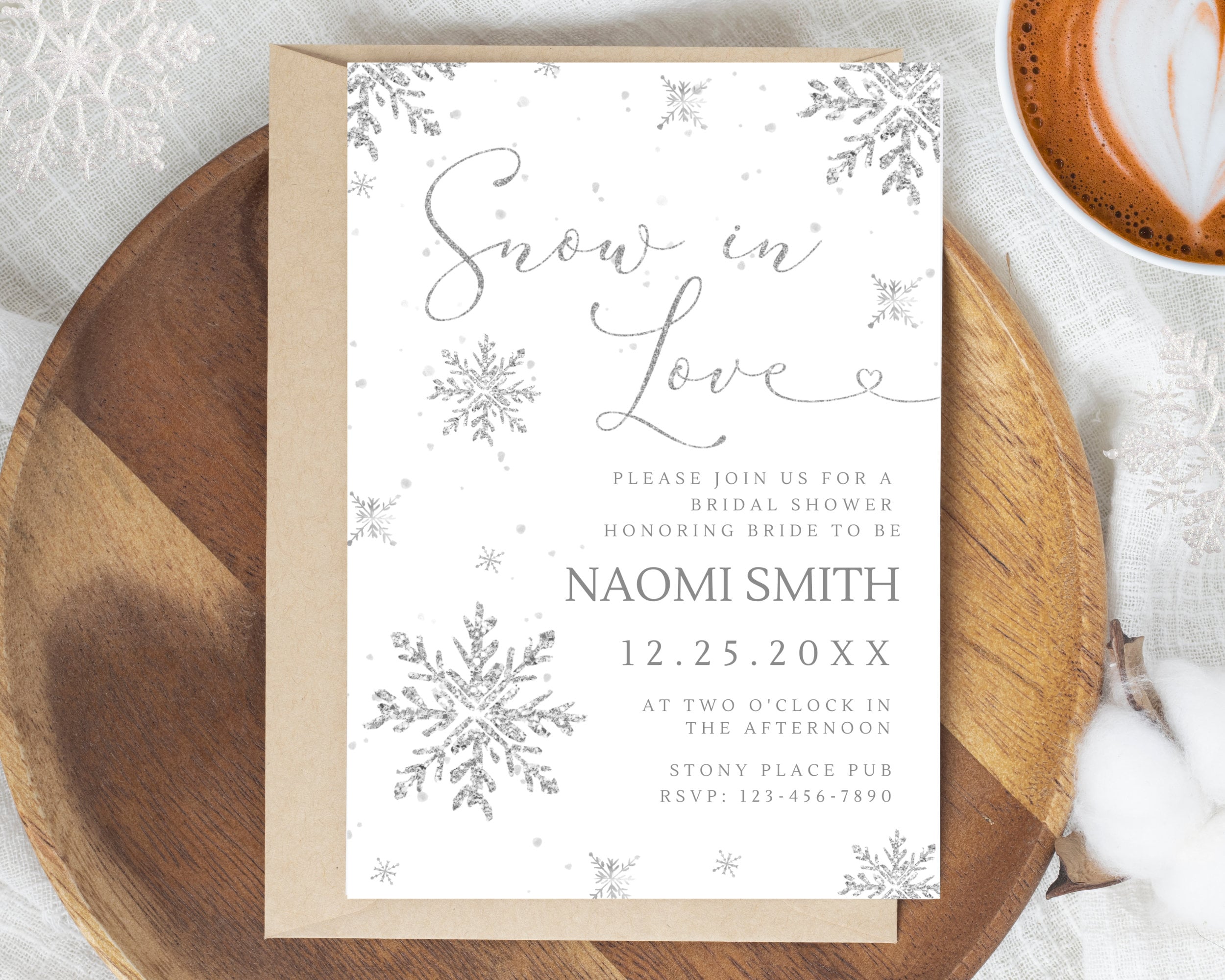 Snow in Love Bridal Shower Invitation, Silver, Christmas Bridal Shower ...