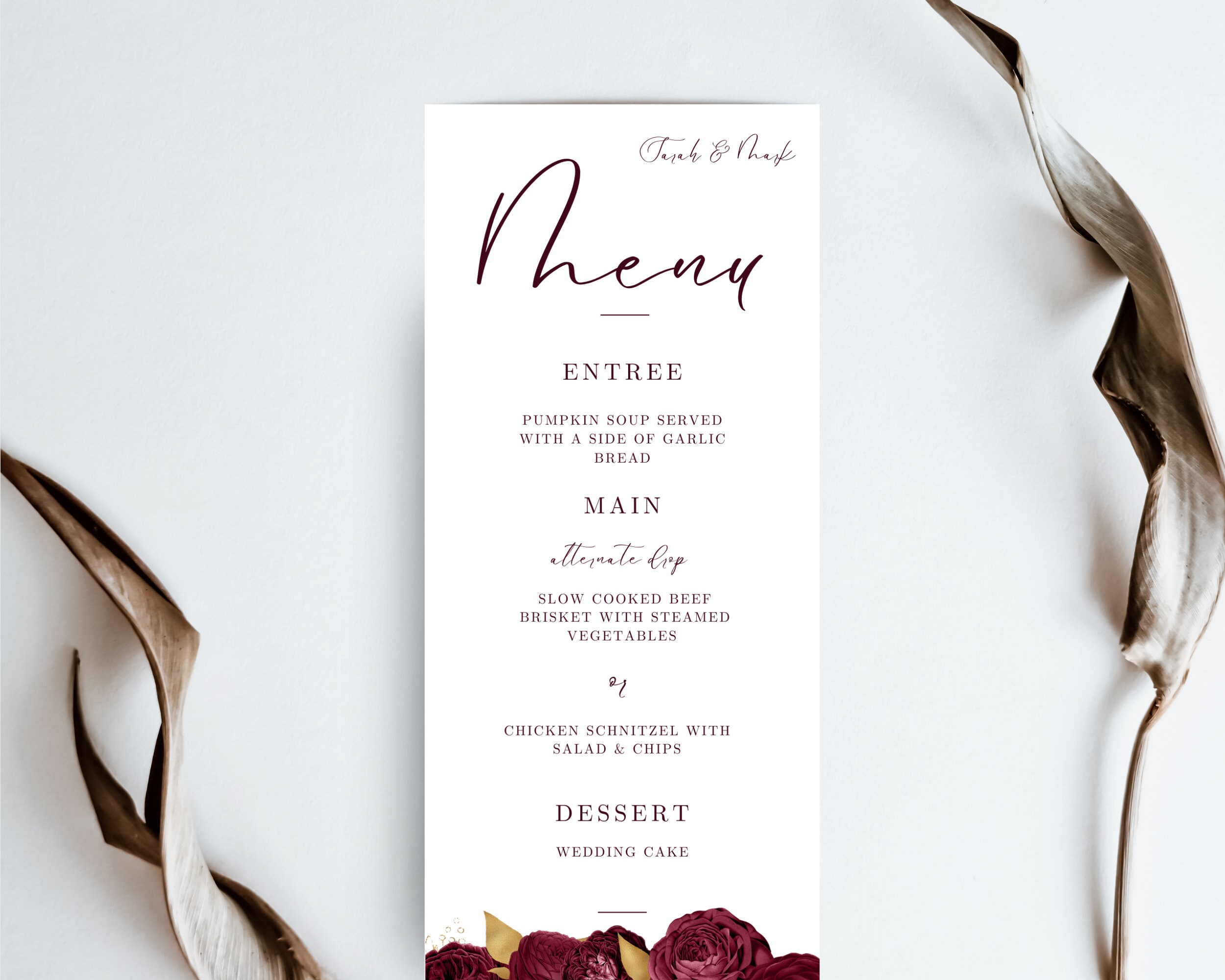 Burgundy and Gold Wedding Menu, Instant Download , Wedding Reception ...