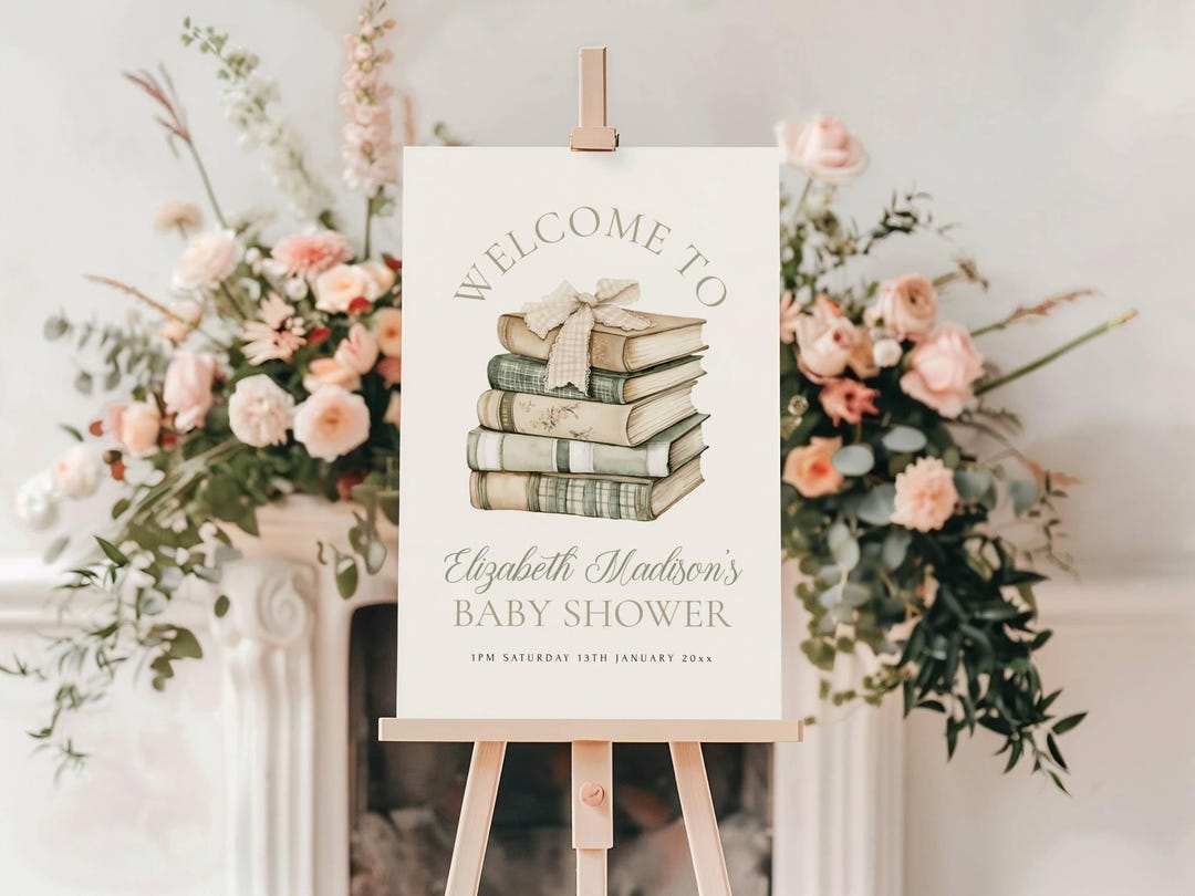 A New Chapter Begins Baby Shower Welcome Sign - Netural Books Welcome ...