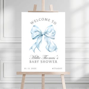 Blue Bow Baby Shower Welcome Sign - Coquette Bow Welcome Sign Template ...