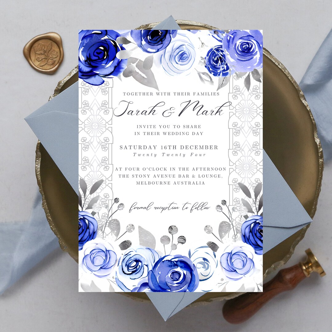 Elegant Royal Blue and Silver Wedding Invitation Template, Watercolor ...