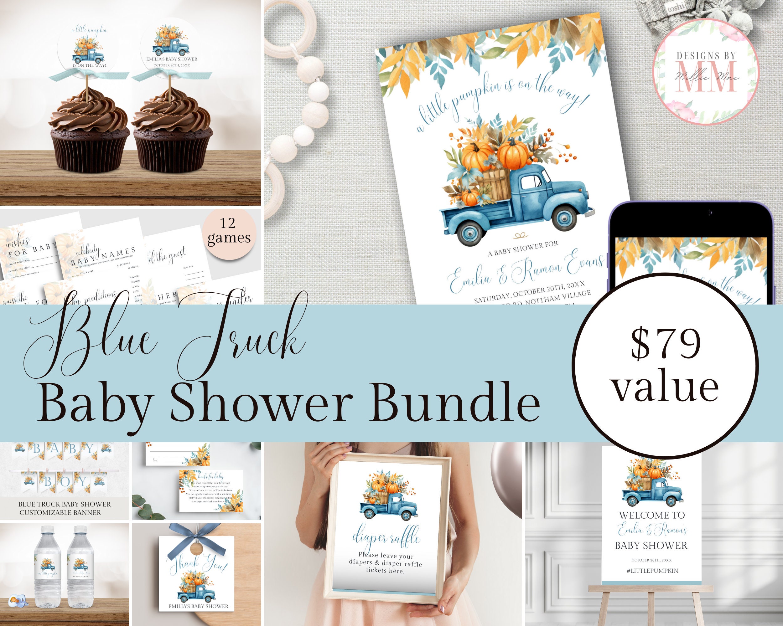 Blue Truck Pumpkin Baby Shower Bundle, Editable Little Pumpkin Set ...