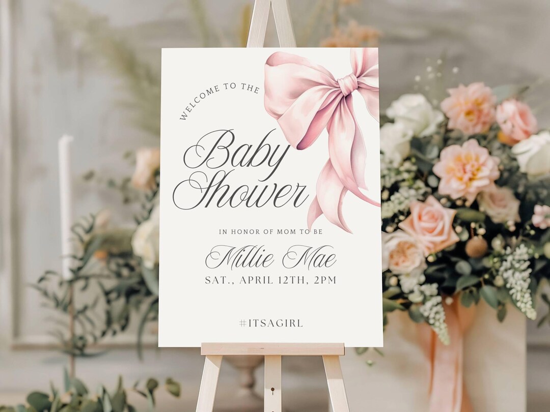 Pink Bow Welcome Sign for Baby Shower - Editable Pink Bow Welcome Sign ...