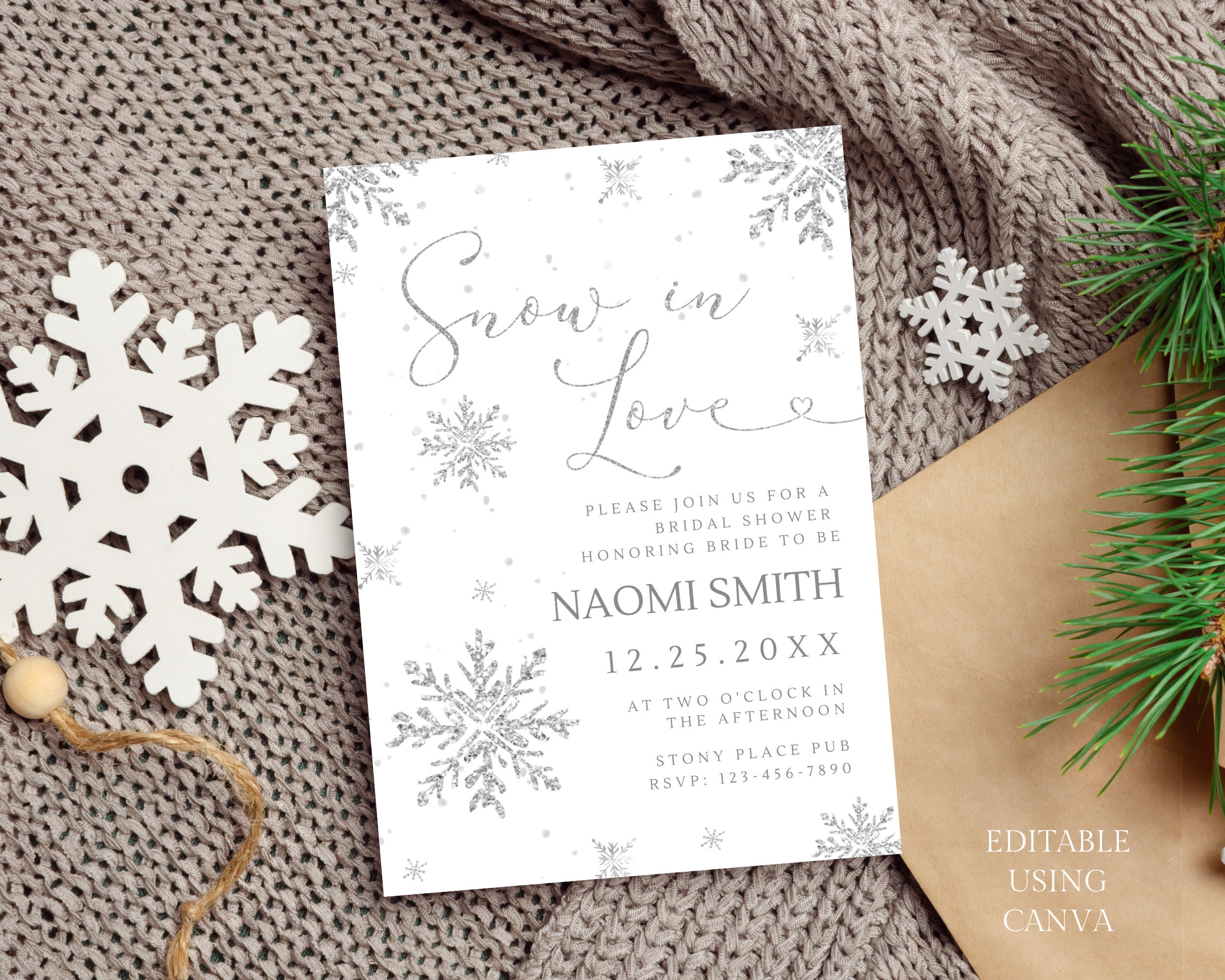 Snow in Love Bridal Shower Invitation, Silver, Christmas Bridal Shower ...