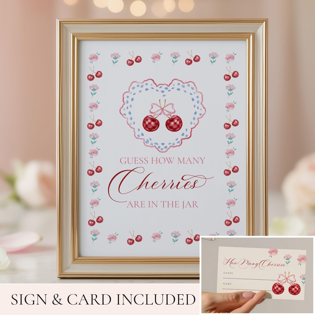 Guess How Many Cherries Sign & Card, Cherry on Top Baby Shower Game ...