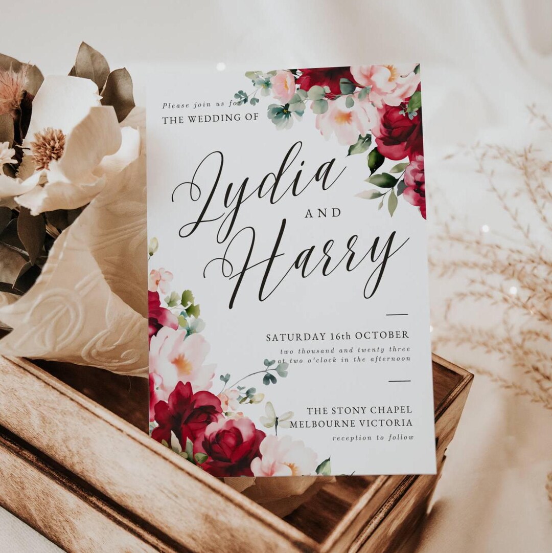 Blush and Red Wedding Invite, Red Roses Wedding Invitation, Dark Red ...