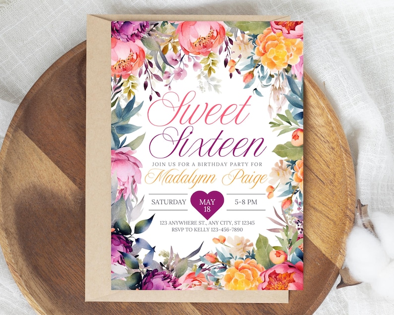 16th Birthday Invitation Formal - Bright Floral Sweet Sixteen - Canva ...