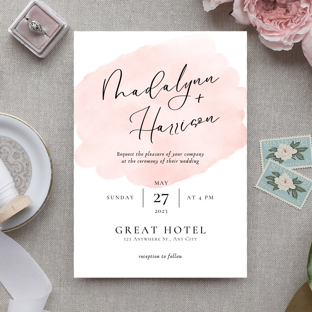 Pink Watercolor Wedding Invitation, Blush Watercolor Invite, Blush Pink ...