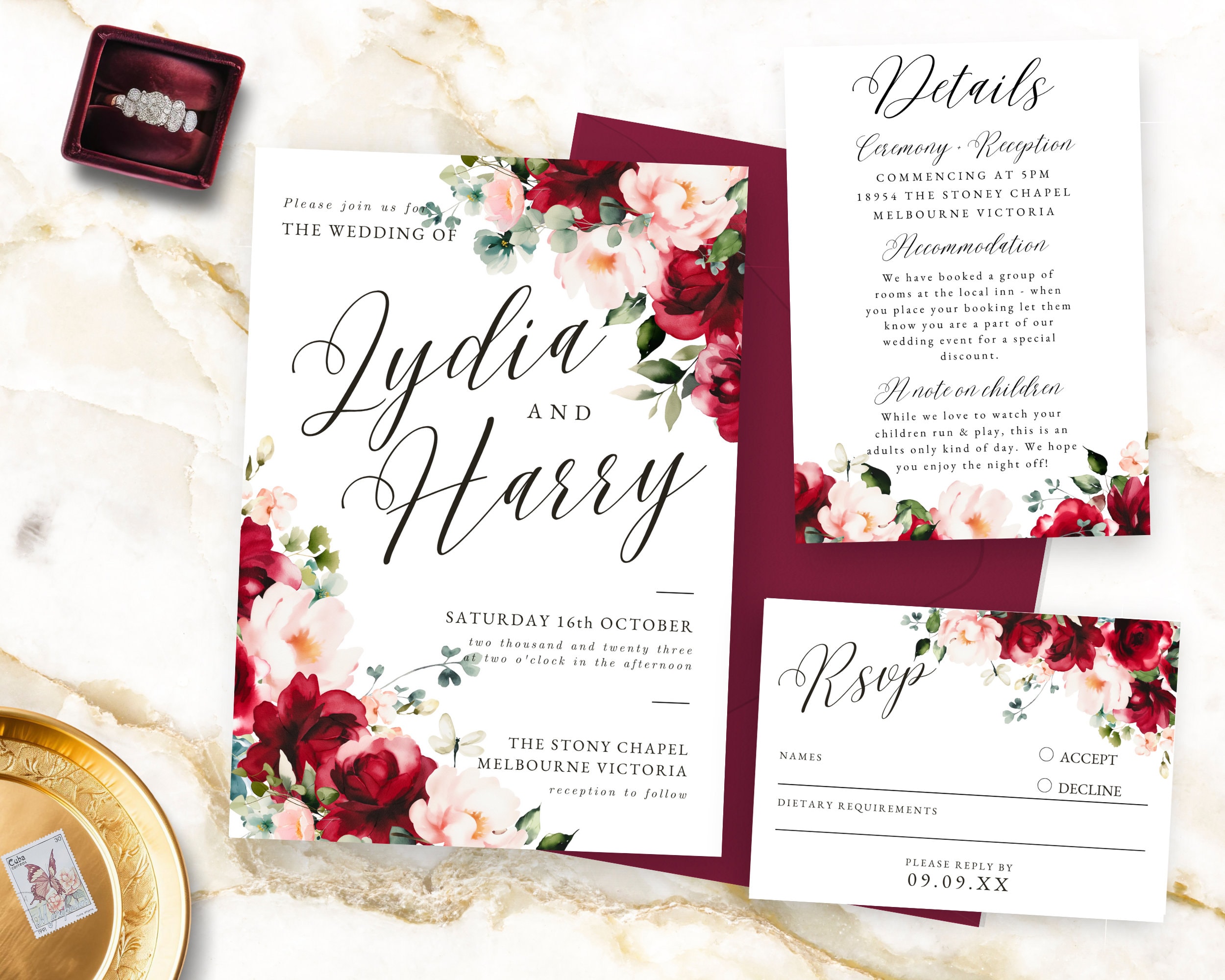 Dark Red Wedding Invitation Sets Instant Download Deep Red - Etsy