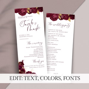 Burgundy and Gold Wedding Program, Instant Download , Wedding Ceremony ...