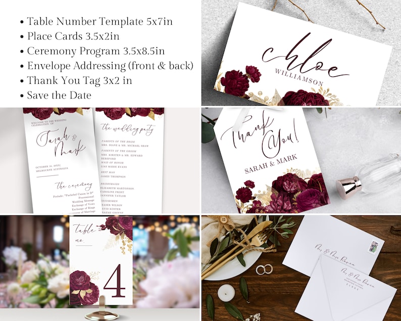 Burgundy and Gold Invitation Template Bundle, Wedding Large Bundle ...