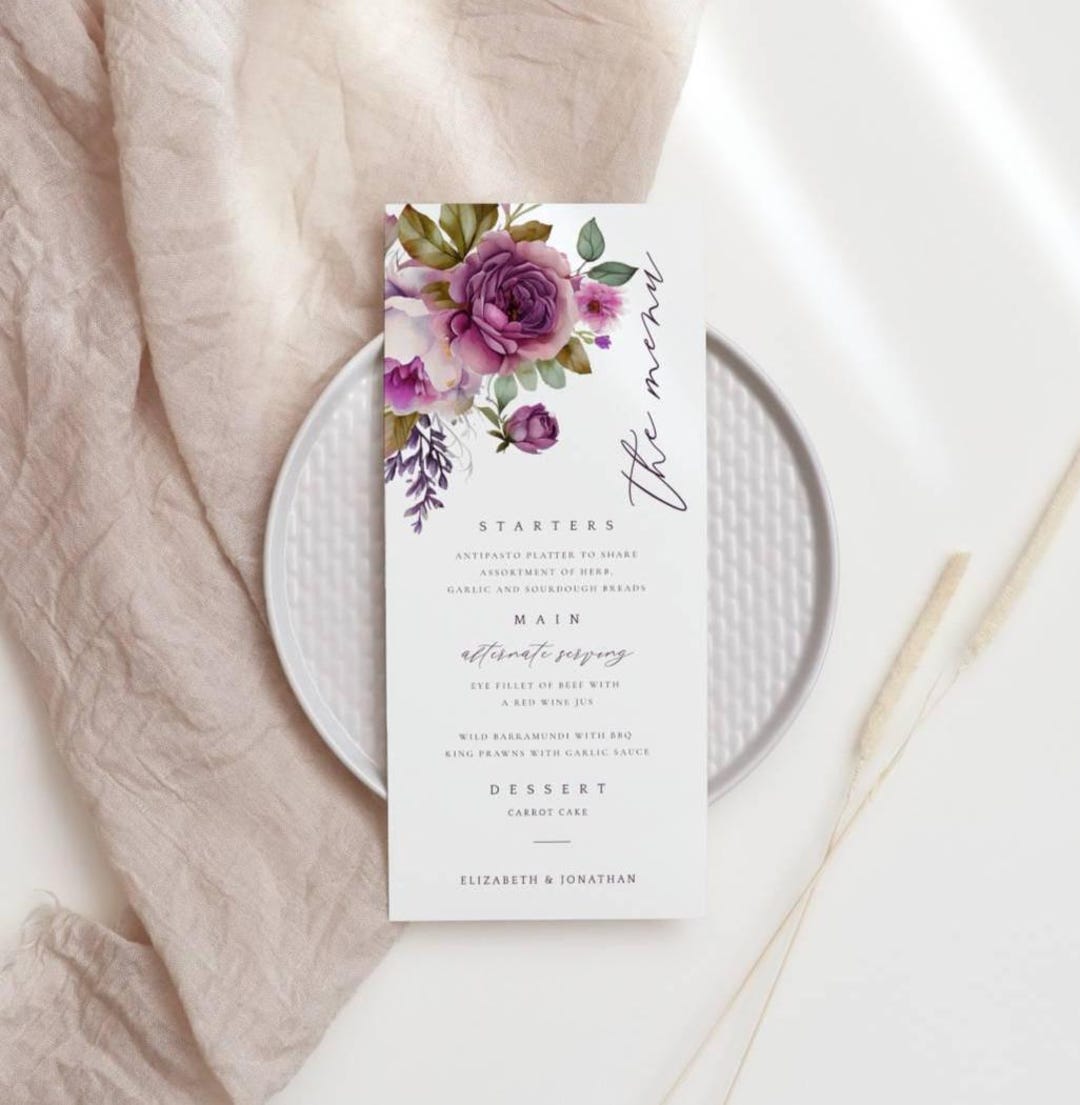 Purple Floral Wedding Reception Menu, Editable Bridal Shower Menu, Dark ...