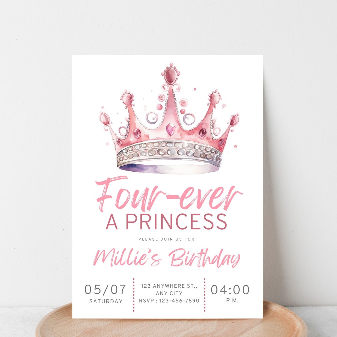 Four Ever A Princess Birthday Invitation, Magical Party Invite, Girls ...