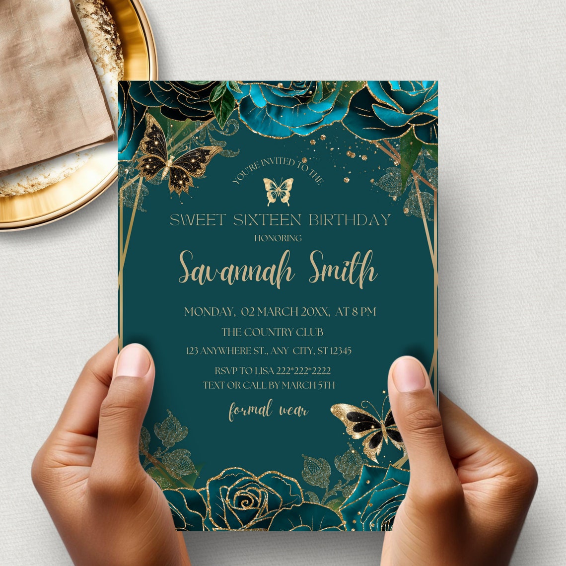 Sweet 16 Teal and Gold Invitation, Teal & Gold Birthday Invitation ...